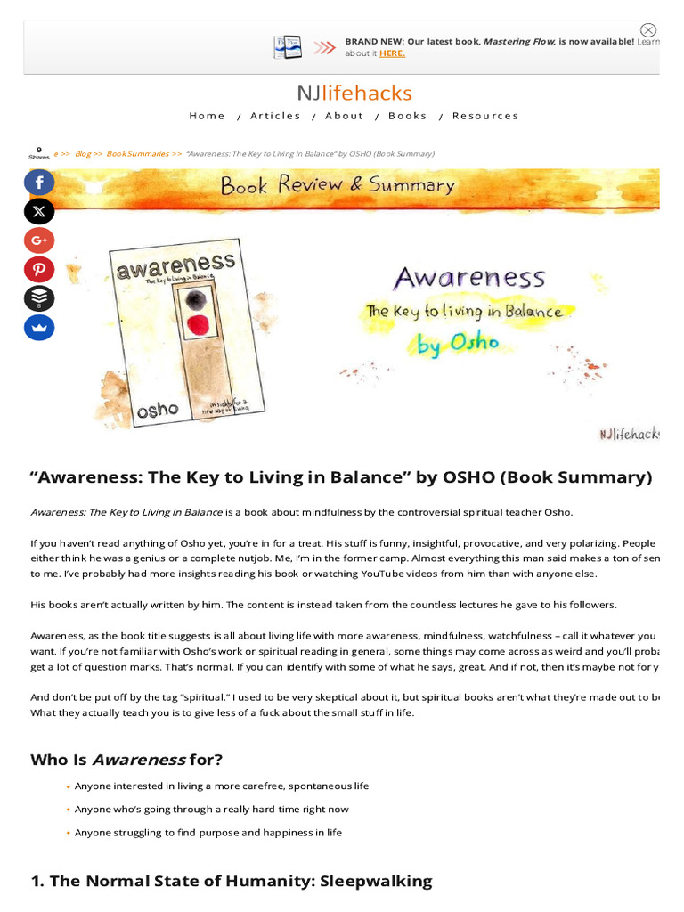 Awareness - The Key To Living in Balance - by OSHO (Book Summary) | PDF | Mindfulness | Rajneesh