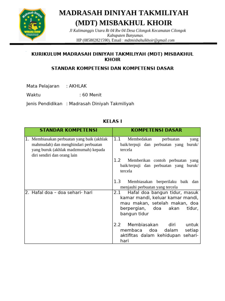 Kurikulum Akhlak MDT Misbakhul Khoir | PDF