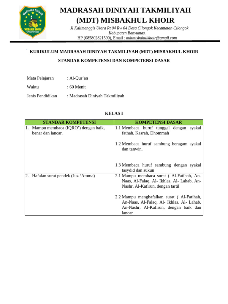 Kurikulum Al-Qur'an MDT Misbakhul Khoir | PDF