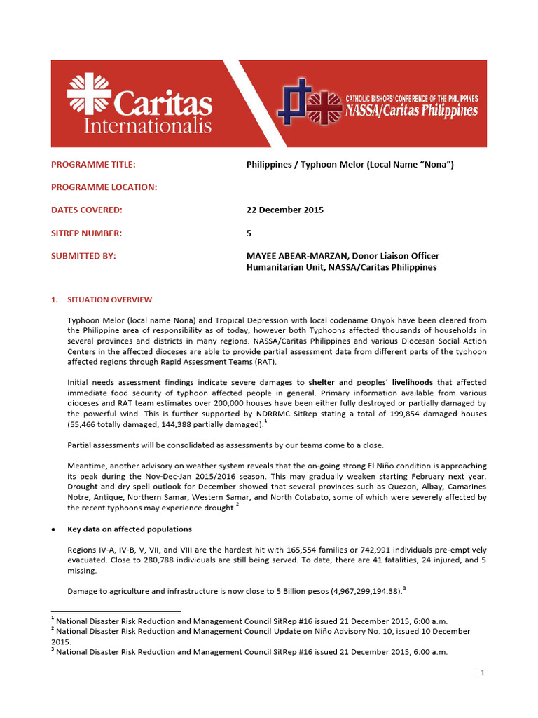 Sitrep 5 - Typhoon Melor Nona - Nassa Caritas Philippines 1 | PDF
