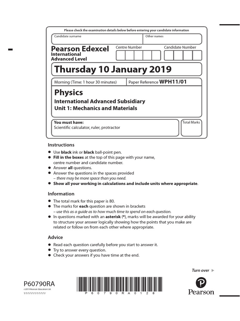 January 2019 (IAL) QP - Unit 1 Edexcel Physics A-Level | PDF | Force | Mass