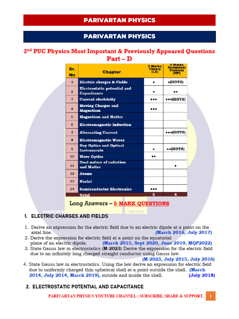 2025 2nd PUC Physics 5marks Most Important Questions & Numericals | PDF ...