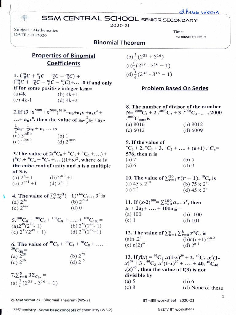 Binimial Theorem Worksheets | PDF | Mathematical Analysis | Number Theory
