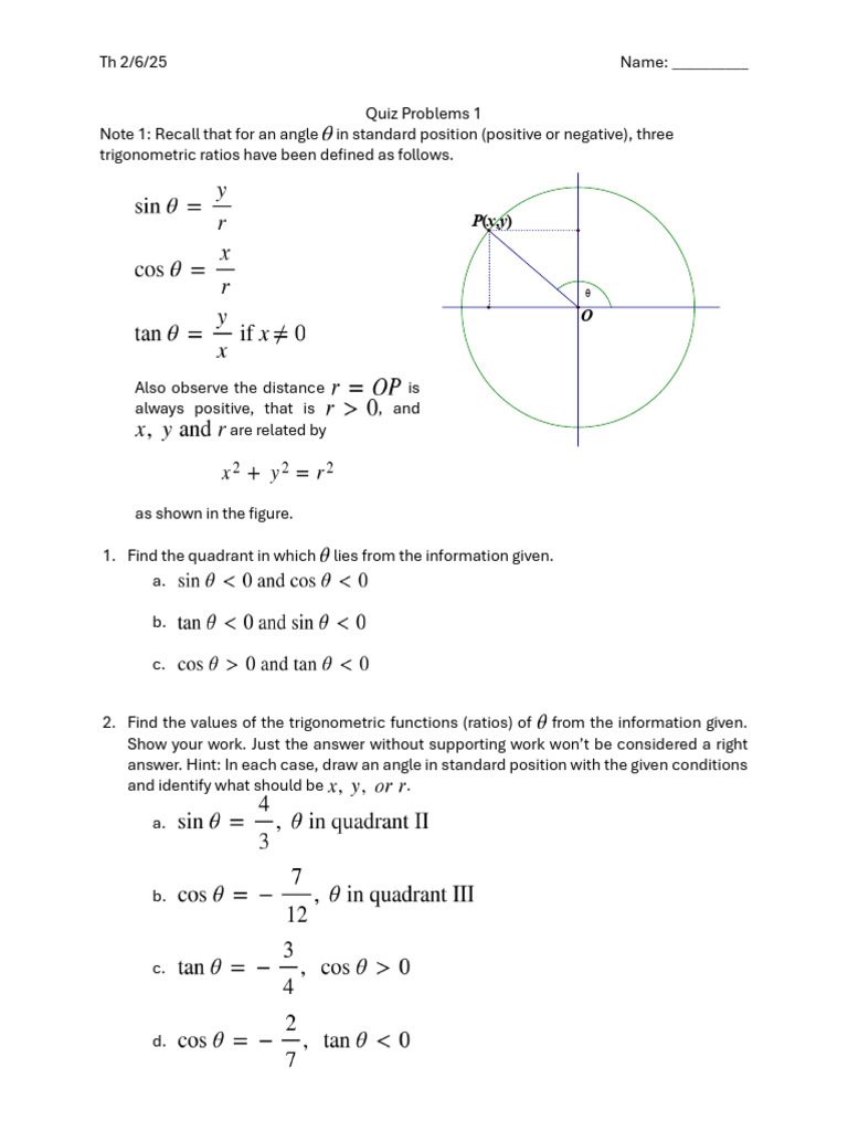 Trigonometric Ratios Quiz Problems | PDF