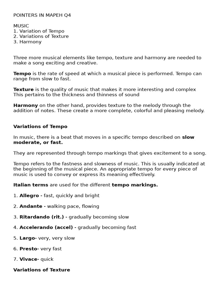 Pointers To Q4 MAPEH | PDF | Tempo | Harmony