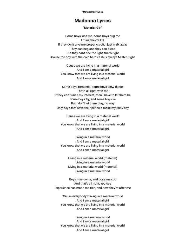 Material Girl Lyrics by Madonna | PDF