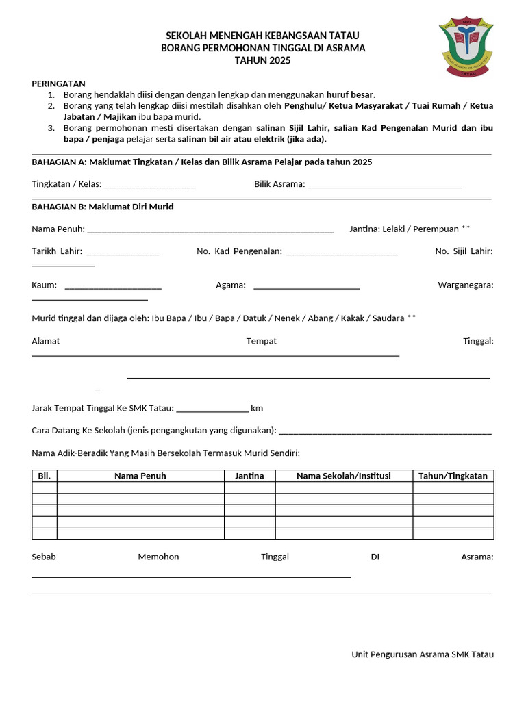 BORANG PERMOHONAN ASRAMA 2025 | PDF