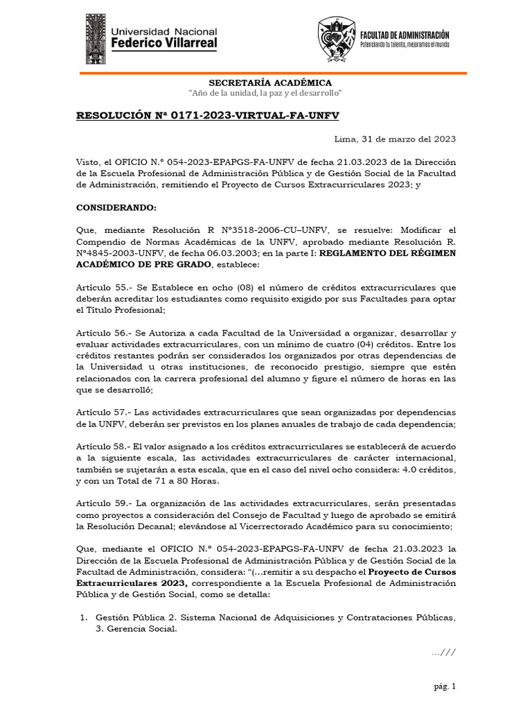 R D Nro 171 2023 FA UNFV | PDF | Gobierno
