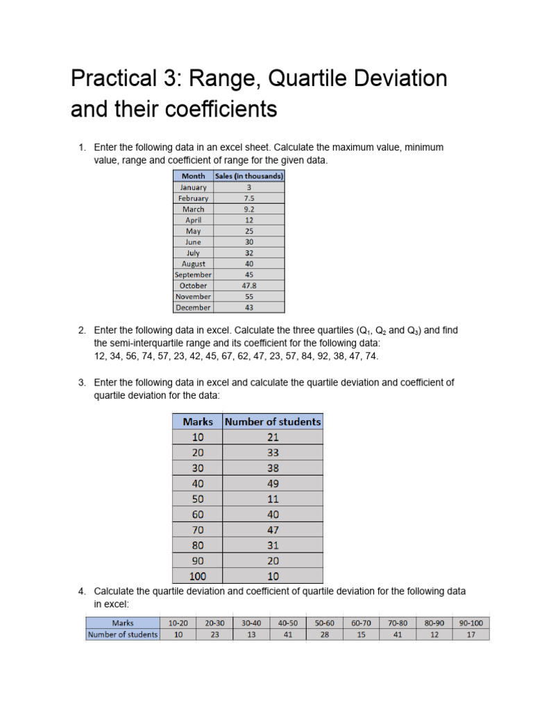 Practical 3 - Range, Quartile Deviation and Their Coefficients | PDF