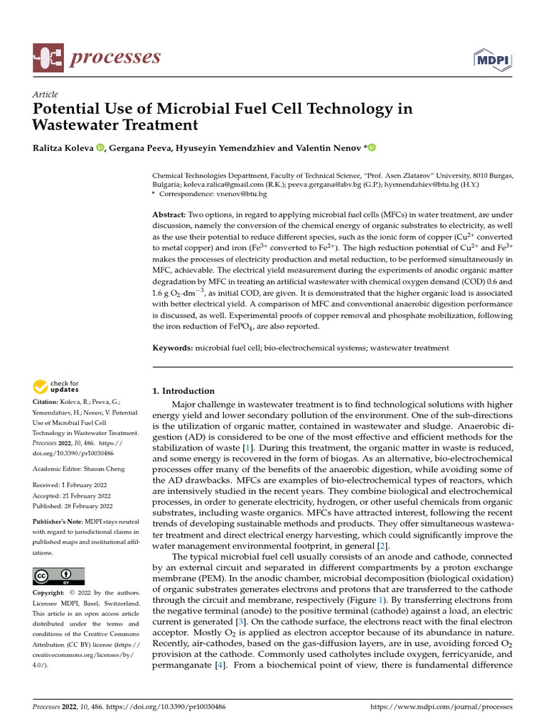 Potential Use of Microbial Fuel Cell Tec | PDF | Chemistry