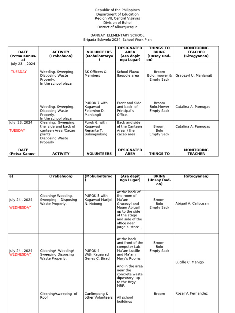 Brigada Schedule 2024 Specified Work Per Purok 1 | PDF | Waste | Waste Management