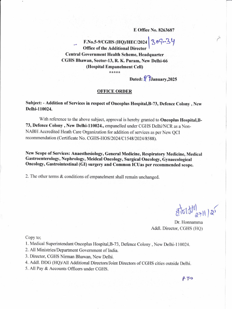 Office Order Regarding Addition of Services in Respect of Oncoplus Hospital Under CGHS New Delhi ...
