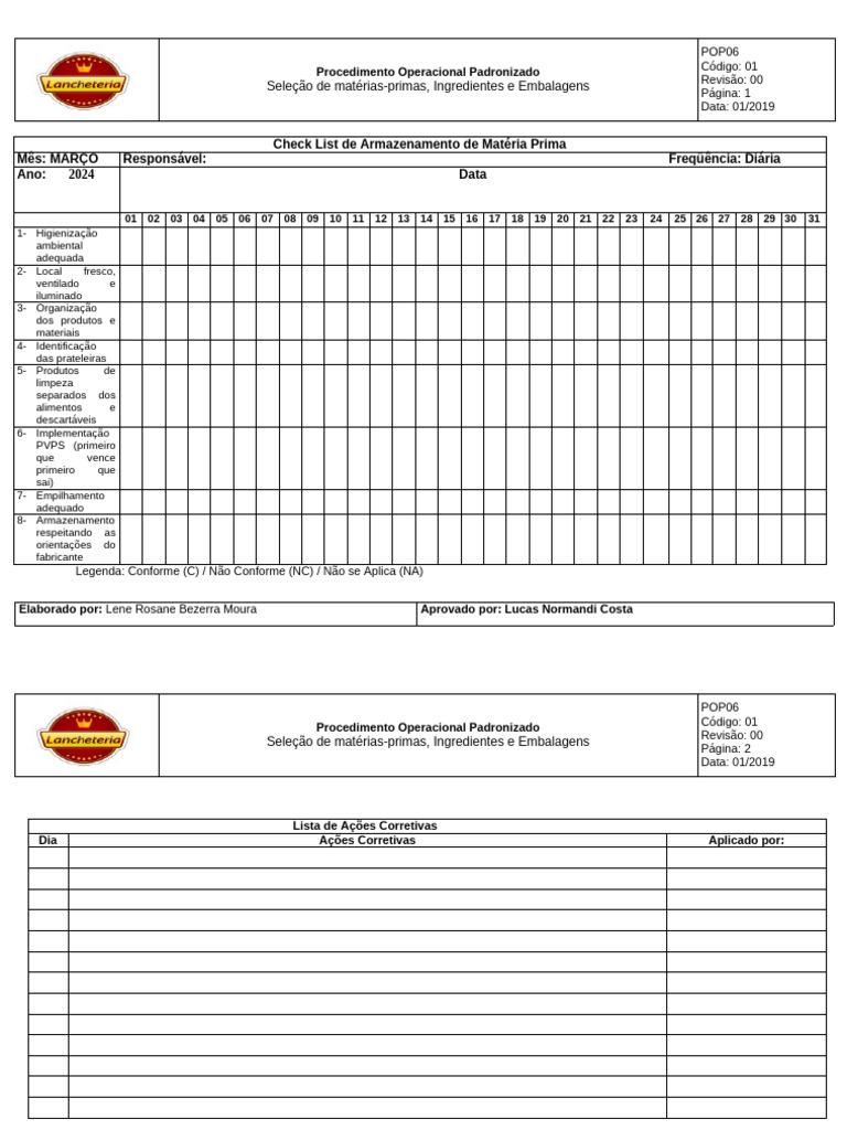 Checklist Armazenamento Matéria Prima | PDF