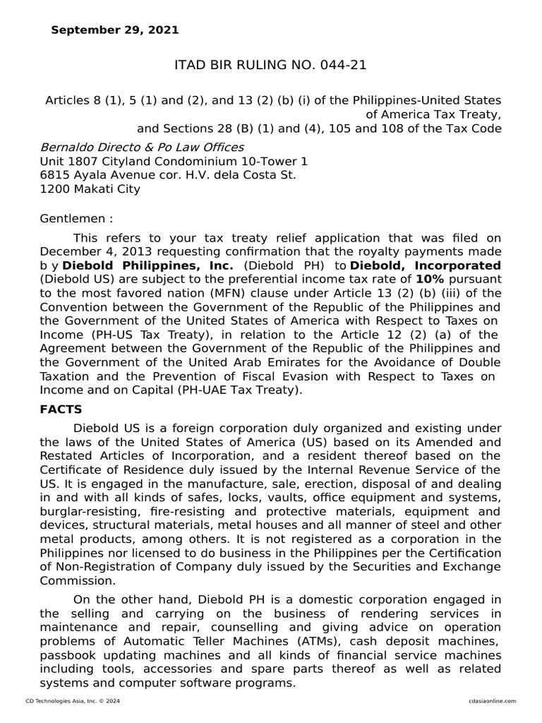 ITAD BIR RULING No. 044-21 | PDF | Taxes | Double Taxation