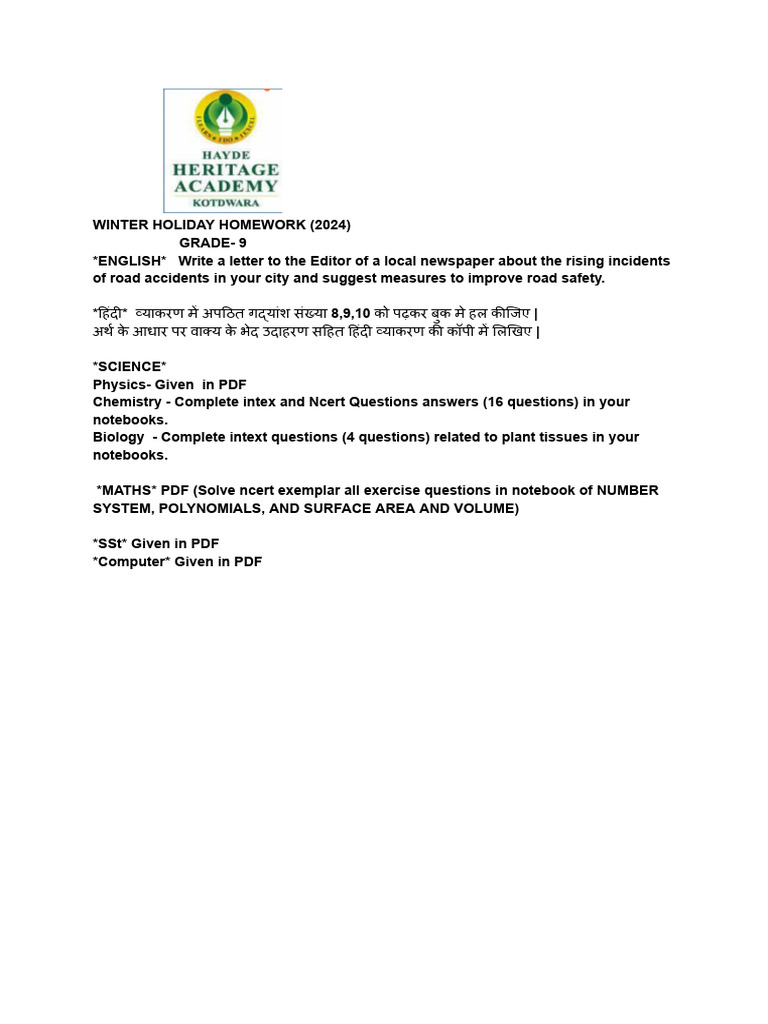 Winter Holiday Homework 2024-25 | PDF