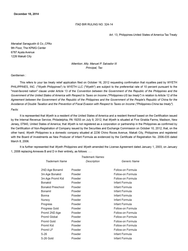 ITAD BIR Ruling No. 324-14 | PDF | Double Taxation | Taxes