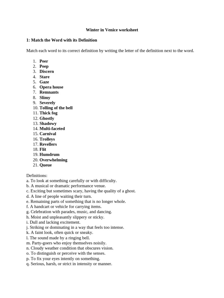 Vocabulary Worksheet: Winter in Venice | PDF