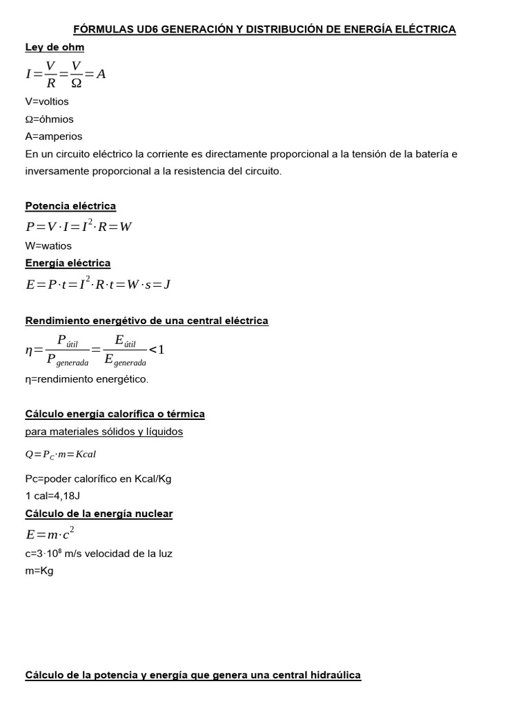 ud 4.-fórmulas GENERACIÓN Y DISTRIBUCIÓN ENERGÍA ELÉCTRICA | PDF