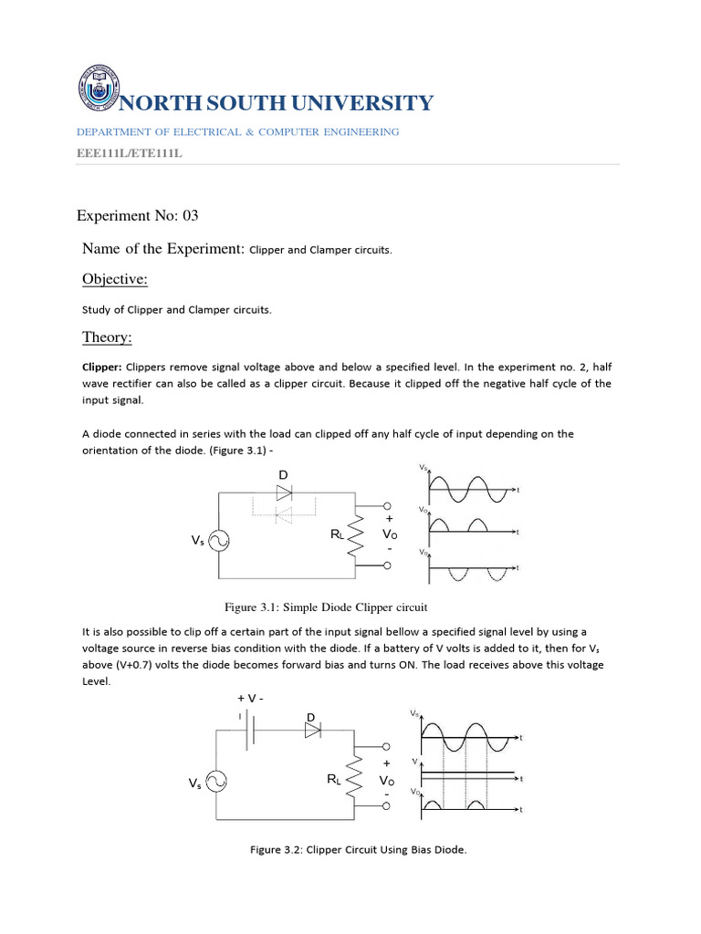 EEE111 (Exp 3) Clipper and Clamper Circuits | PDF | Diode | Electrical Engineering