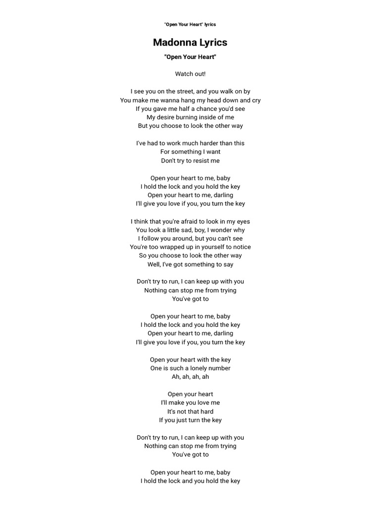 Madonna "Open Your Heart" Lyrics | PDF