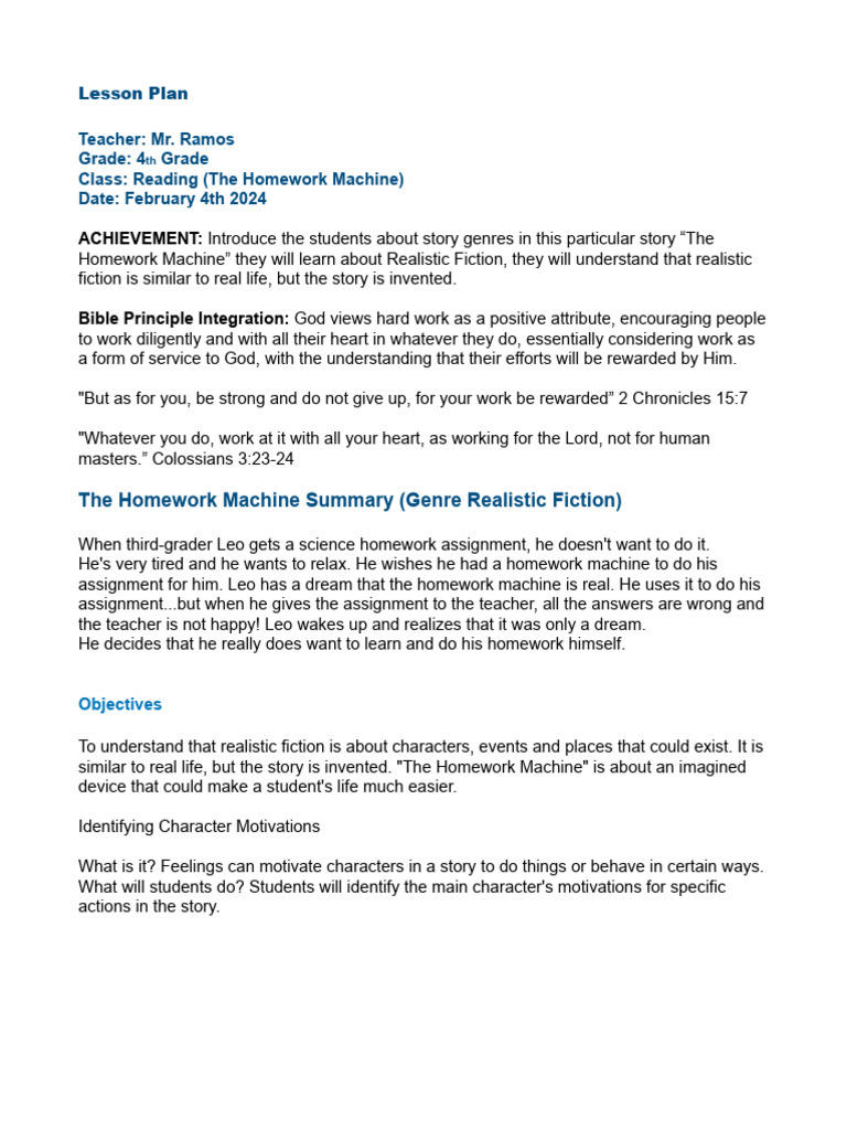THE HOMEWORK MACHINE LESSON PLAN | PDF | Homework | Lesson Plan