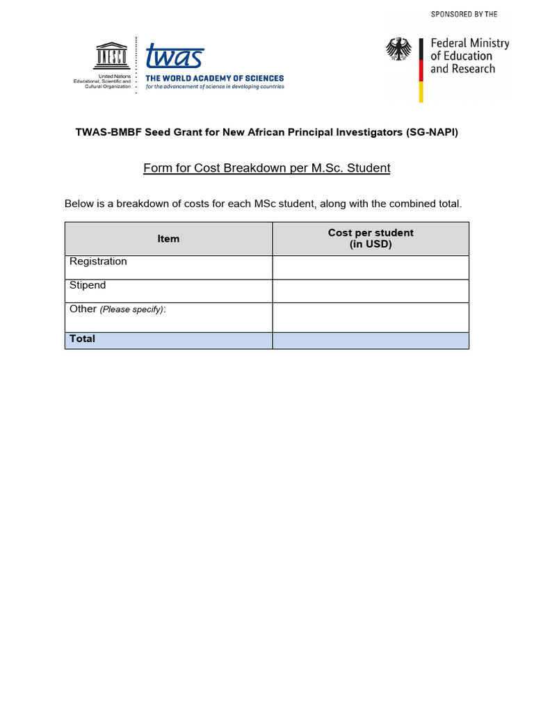 Cost Breakdown for MSc Students | PDF