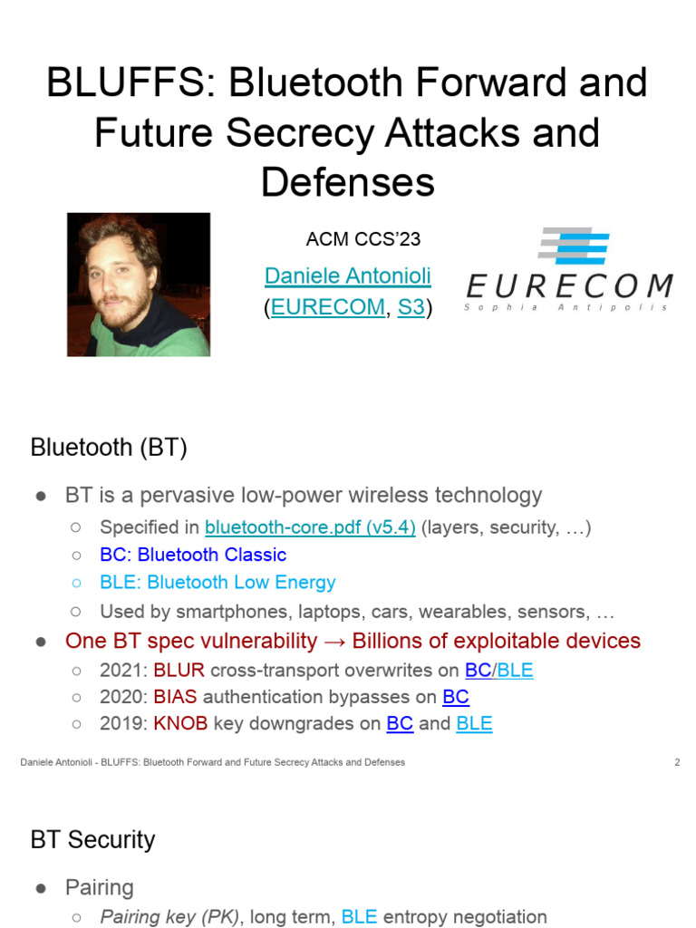 Antonioli Slides BLUFFS Bluetooth Forward and Future Secrecy Attacks and Defenses | PDF ...