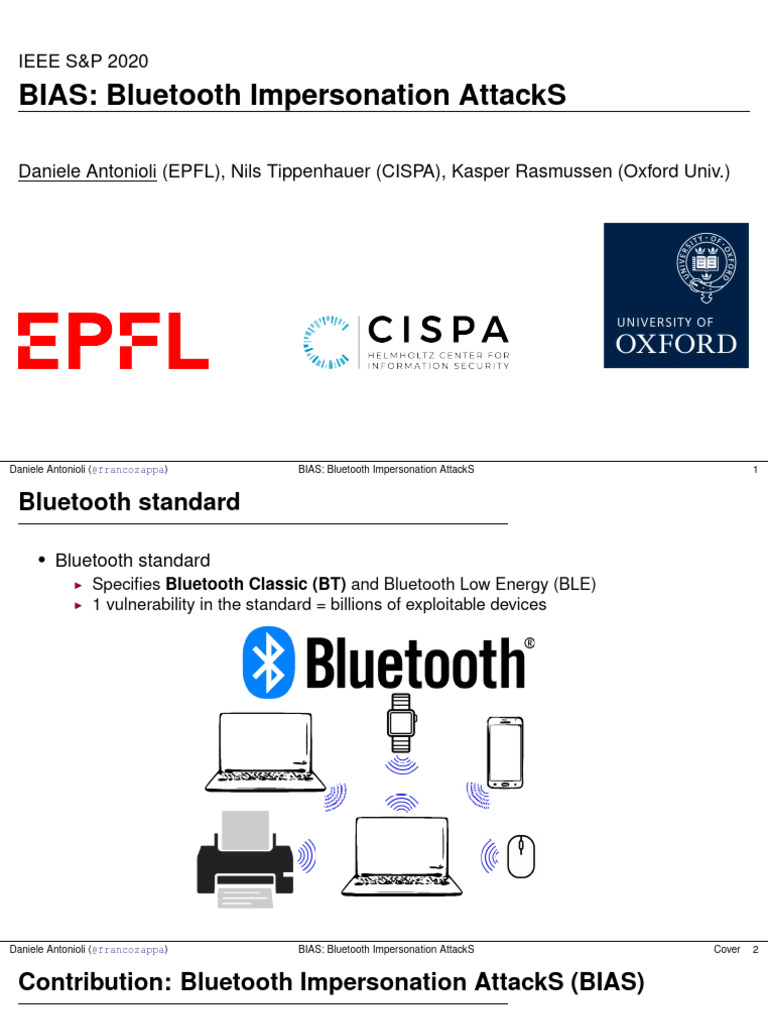 Antonioli Slides BIAS Bluetooth Impersonation AttackS | PDF | Bluetooth | Secure Communication