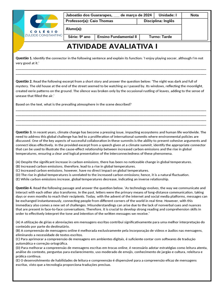 9º Ano B - Inglês Av1 Unit01 | PDF | Waste Management | Waste