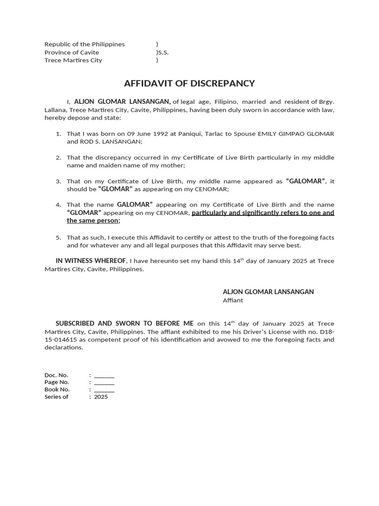 Affidavit of Discrepancy-ALJON GLOMAR LANSANGAN | PDF