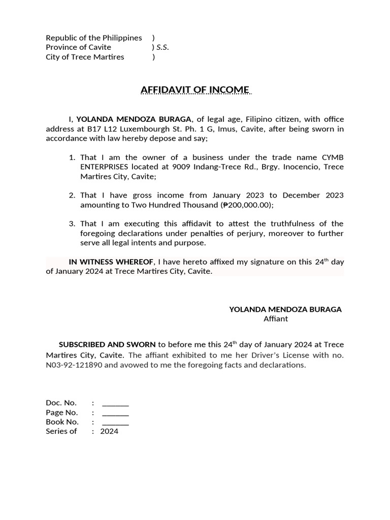 CYMB Enterprises Income Affidavit | PDF