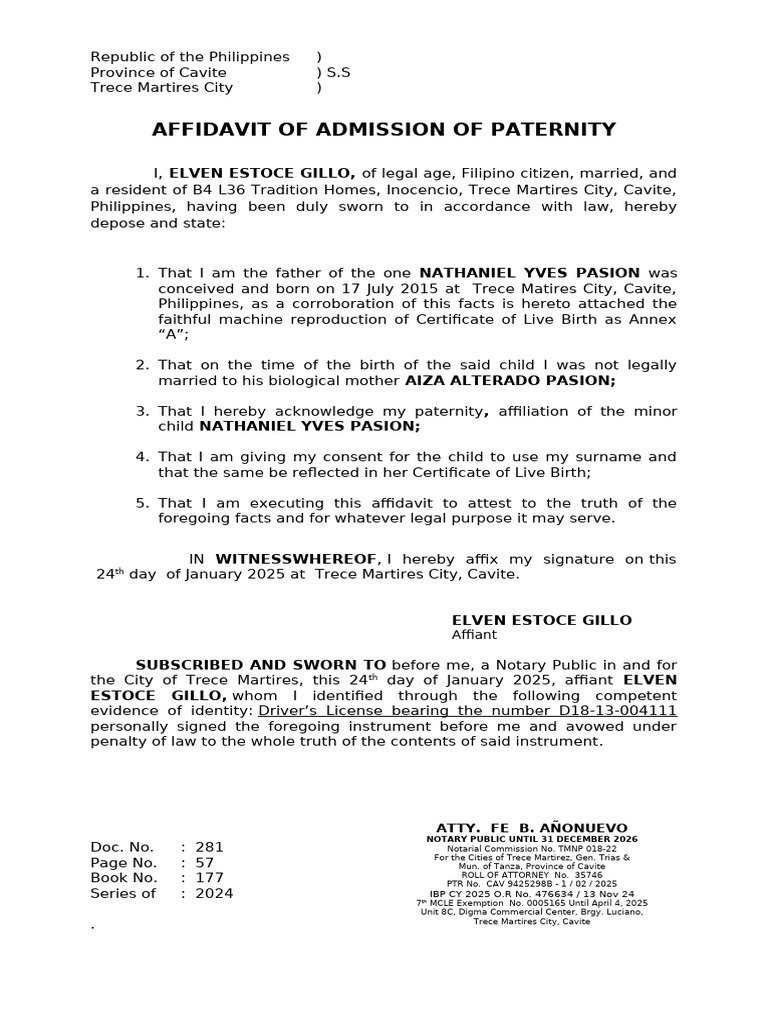Admission and Joint Affidavit of Legitimation-Nathaniel Yves Pasion | PDF | Affidavit | Social ...