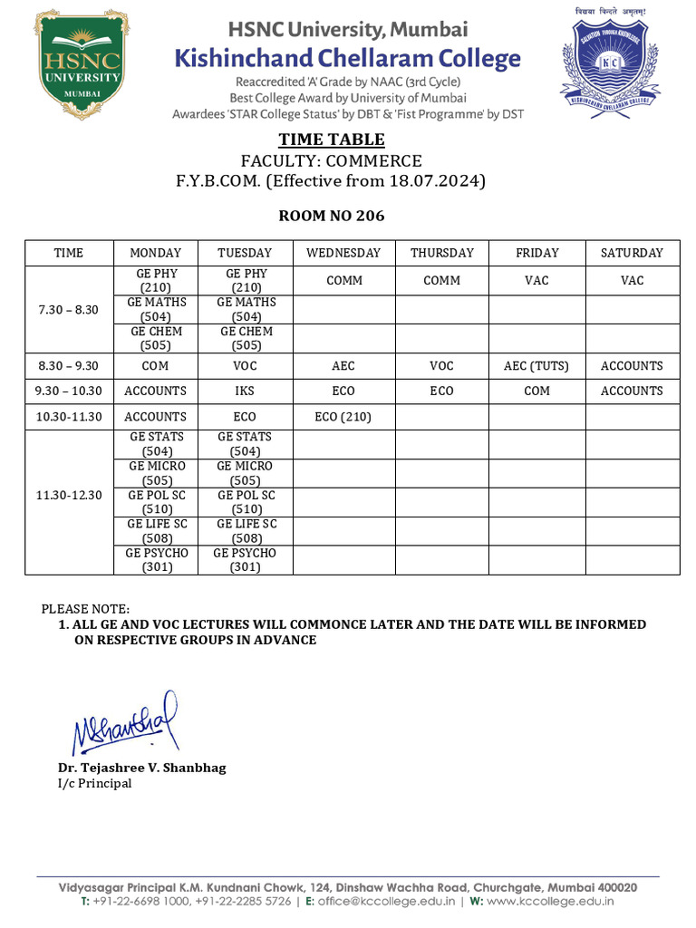 Fybcom Timetable 2024-2025 | PDF
