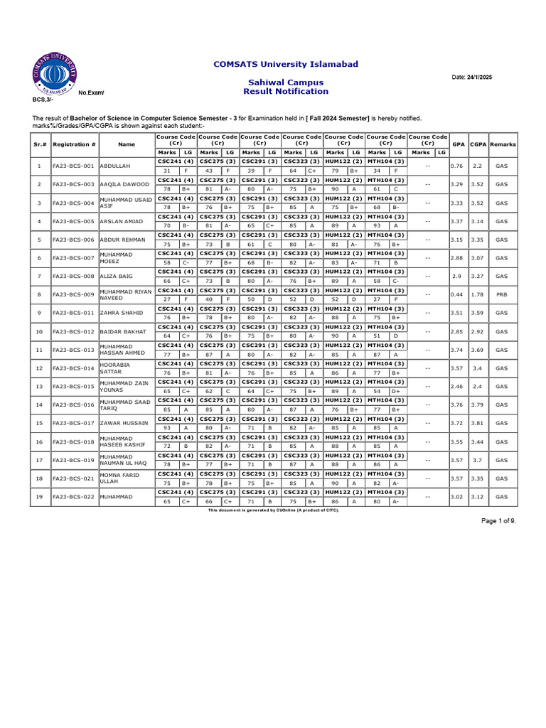 BCS Semester 3 Results - COMSATS 2025 | PDF