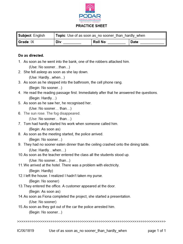 PS ICSE IX Engish Use of As Soon As No Sooner Than Hardly When | PDF