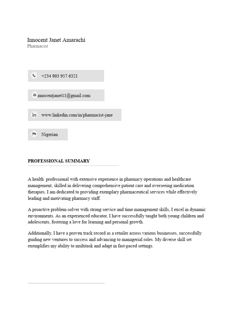 Innocent Janet's Resume | PDF | Pharmacy | Medical Prescription
