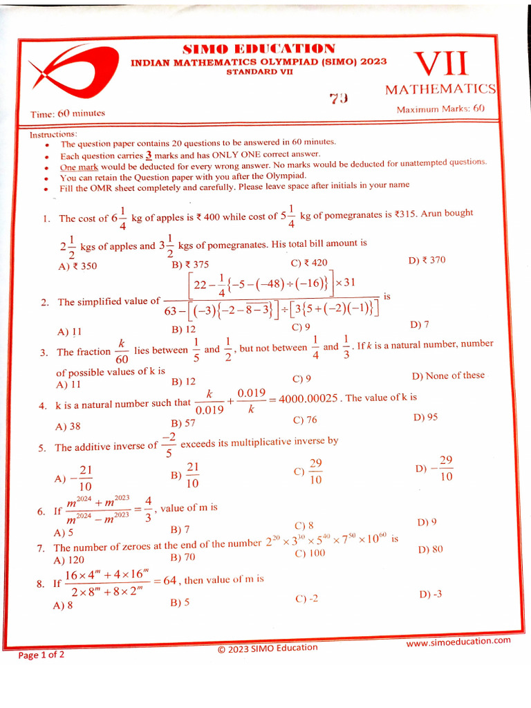 7th Class IMO (SIMO) Previous Question Paper | PDF