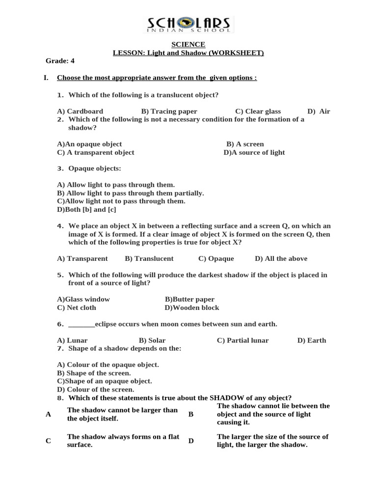 Light and Shadow Worksheet for Grade 4 | PDF | Shadow | Moon