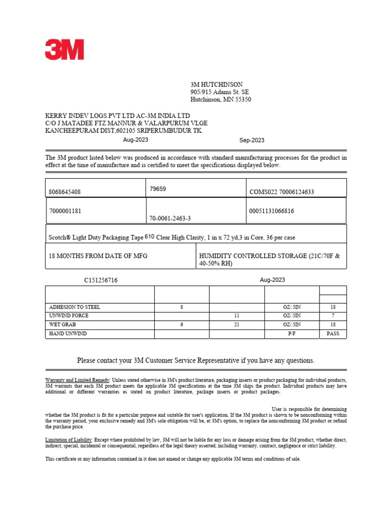 3M Scotch 610 Tape Analysis Certificate | PDF | Legal Liability | Legal ...