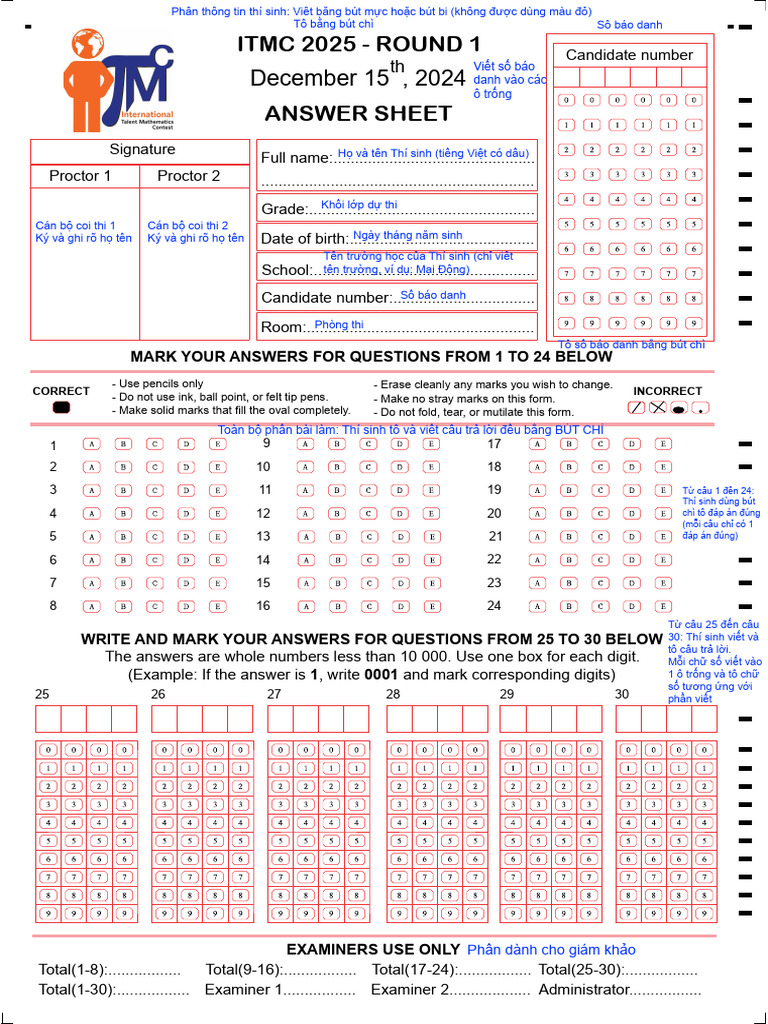 ITMC 2025 - Hướng dẫn điền phiếu trả lời trắc nghiệm | PDF