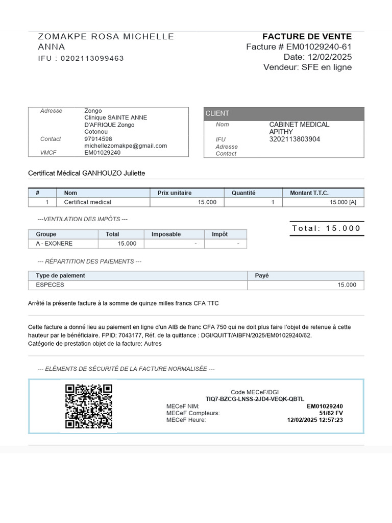 Facture Certificat Médical SFE 2025 | PDF