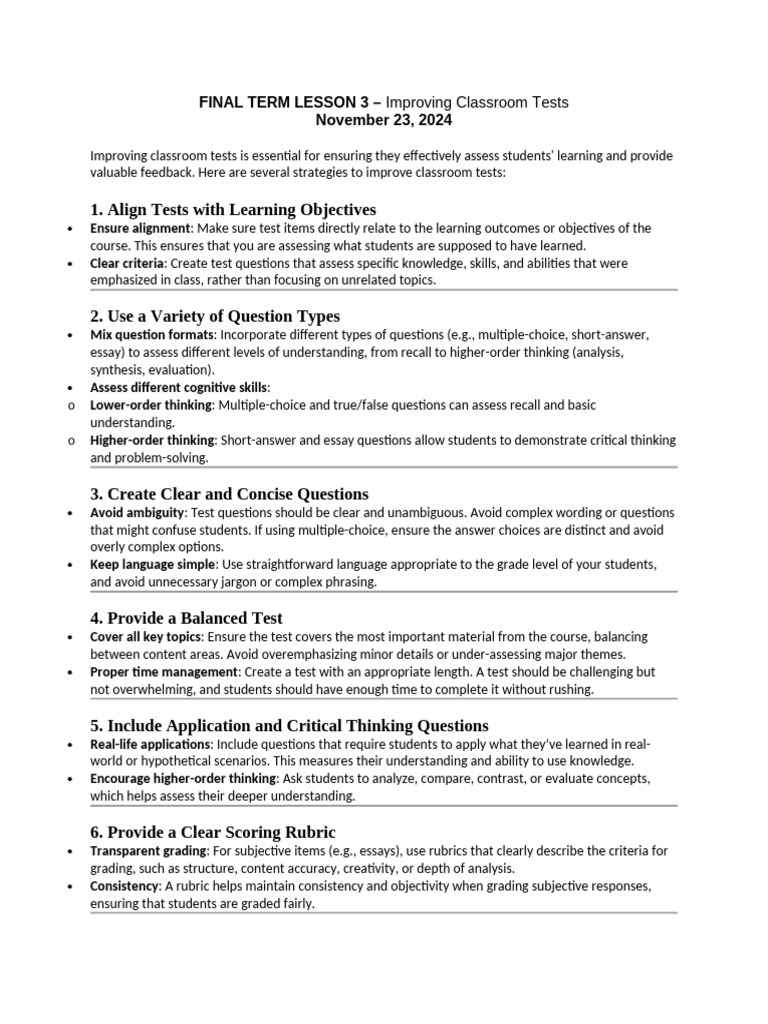 FINAL-TERM-LESSON-3-IMproving-classroom-tests-12-7-24 | PDF | Multiple ...