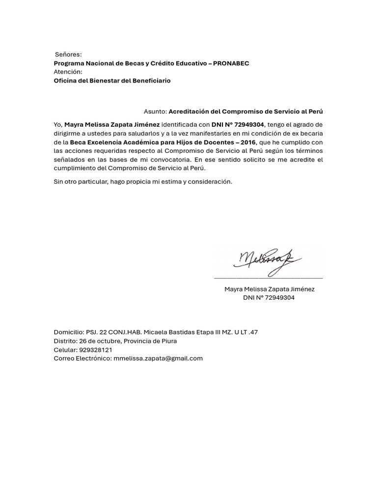 Solicitud de Acreditación de Compromiso Servicio Al Perú-Mayra Zapata | PDF