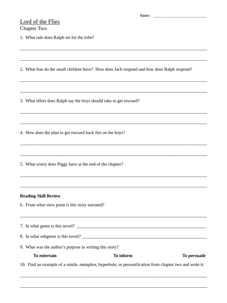 Lord of The Flies Chapter 2 Worksheet | PDF