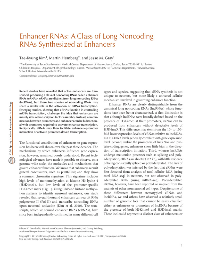 Enhancer RNAs A Class of Long Noncoding | PDF | Promoter (Genetics ...