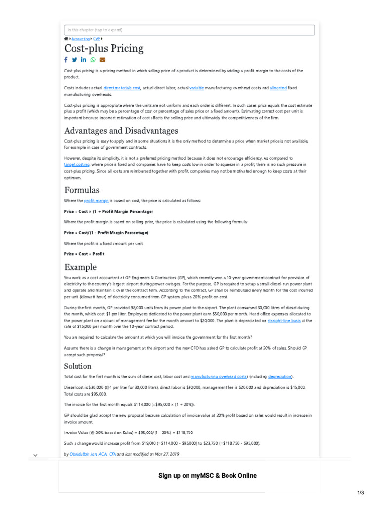 Cost-Plus Pricing - Formulas - Example | PDF