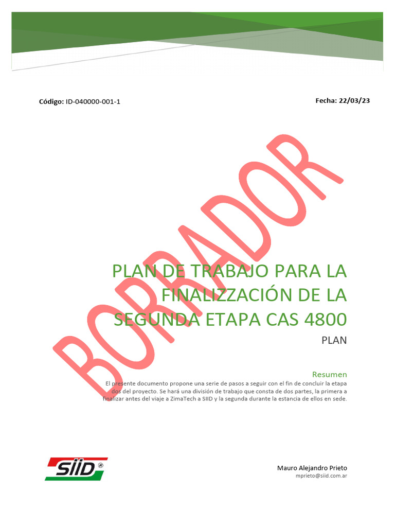 ID-040000-001-2 Plan de trabajo para finalización de segunda etapa CAS 4800 2023-03-22 | PDF ...