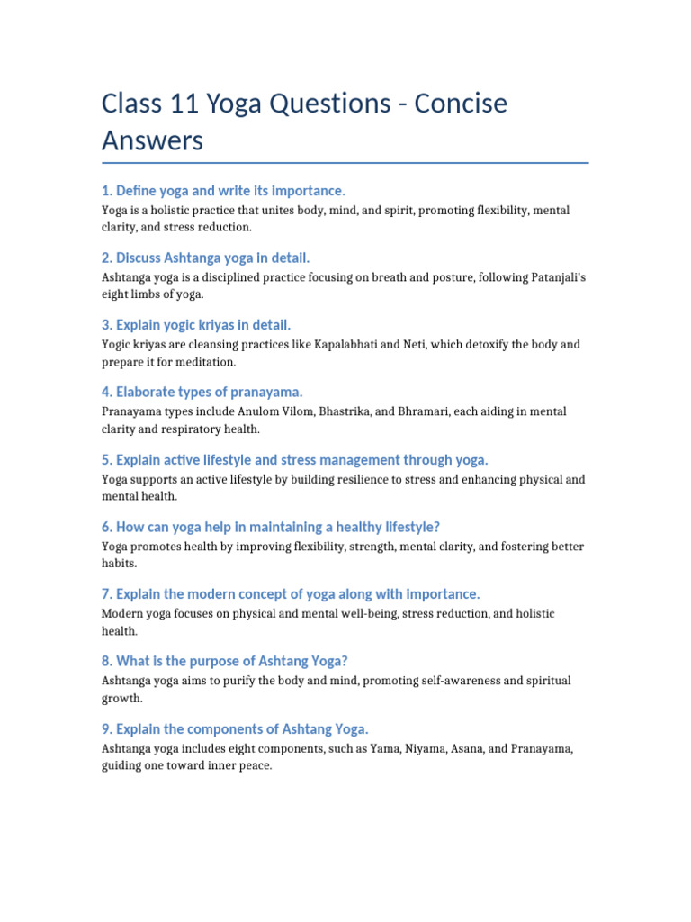 Class 11 Yoga Concise Answers | PDF