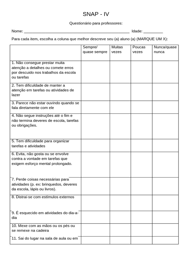 SNAP IV Professores TDAH | PDF