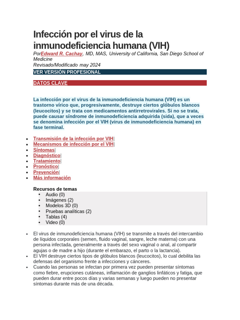 Infección Por El Virus de La Inmunodeficiencia Humana | PDF | VIH | VIH ...